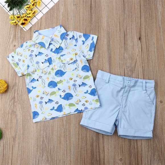 Matching Sets | Ocean Sea Animals Button Shirt Shorts Boys Outfit ...